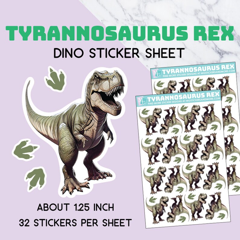 Tyrannosaurus Rex Sticker Sheet, Dinosaur, Stationary, Dino, T-rex, Rea ...