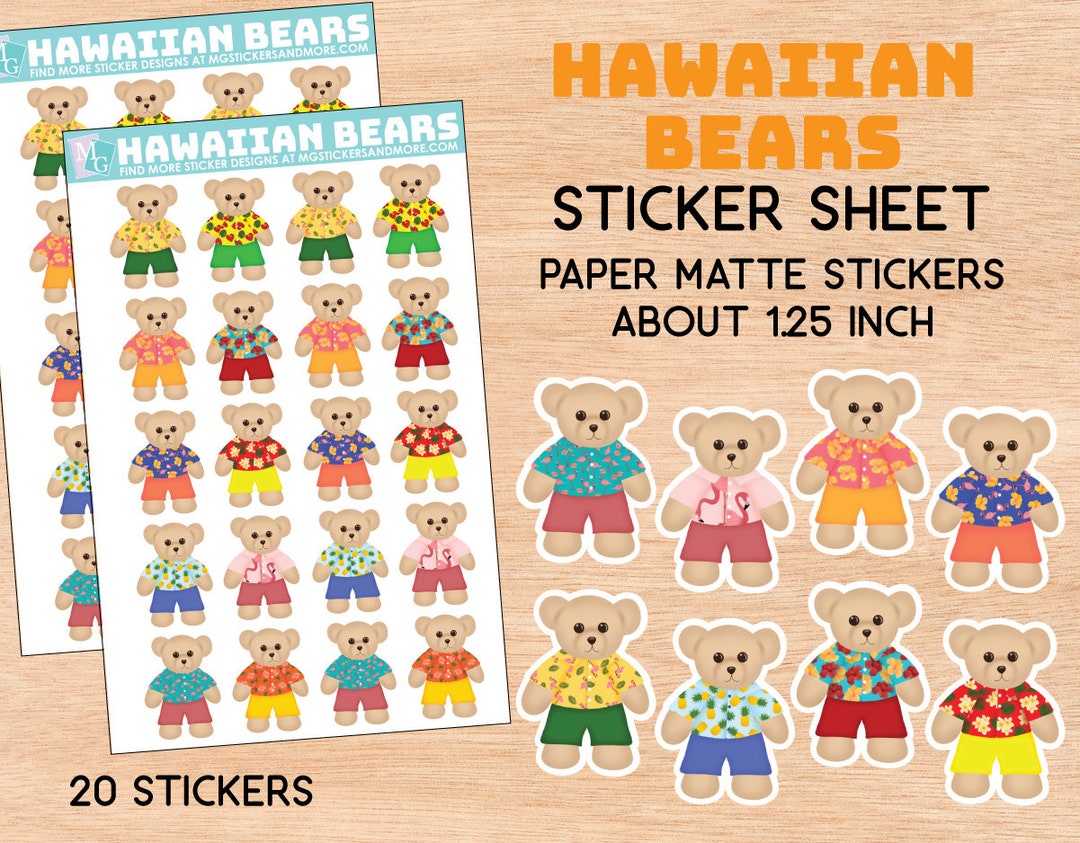 Hawaiian Bears Sticker Sheet, Vacation, Cute, Shirts, Floral, Teddy, Paper Matte Stickers, for ...