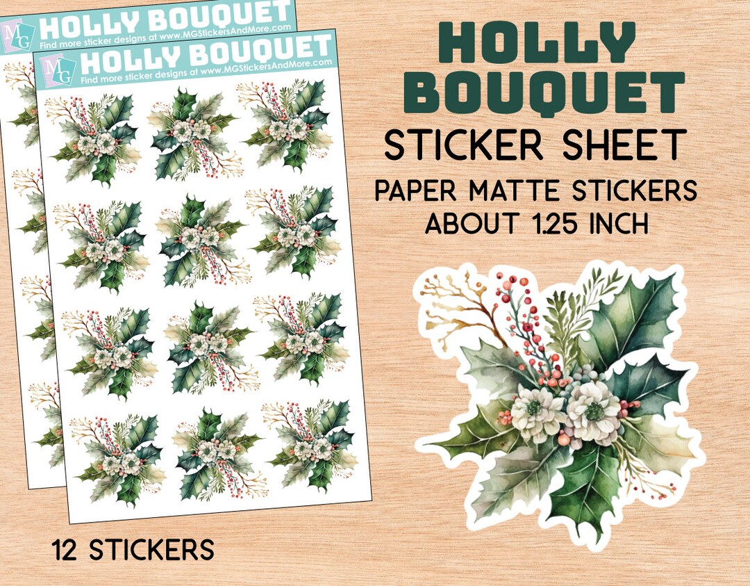 Holly Bouquet Stickers, Green, White, Berries, Watercolor, Paper ...