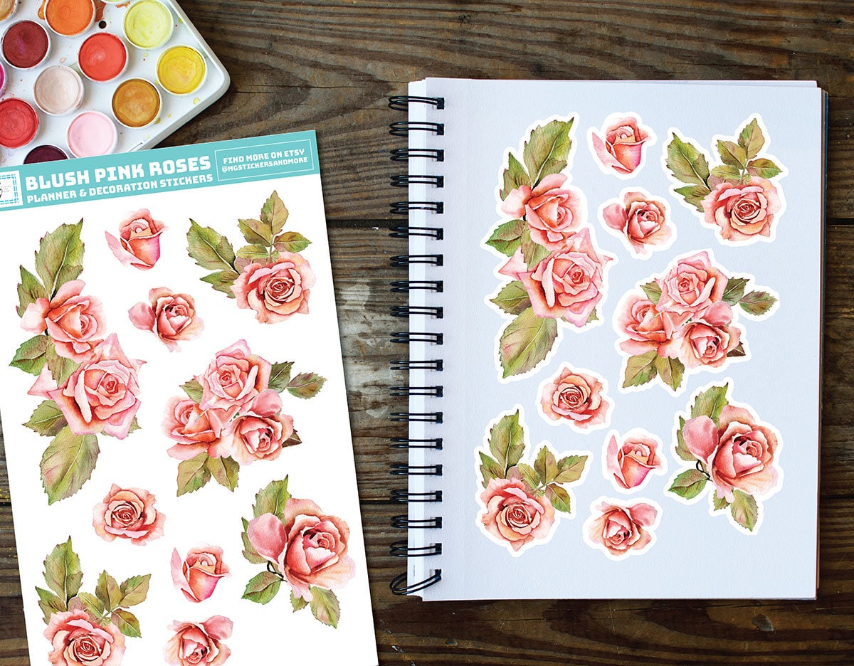 Pink Rose Sticker Sheet Floral Stickers Blush Rose Roses - Etsy