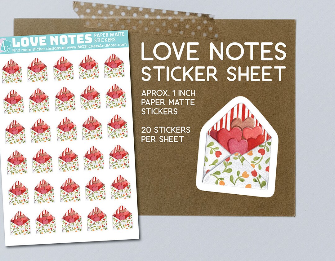 Love Notes Sticker Sheet, Heart Envelope Stickers, Fancy, Vintage ...