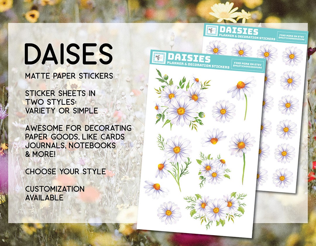 Daisy Sticker Sheet, Daises, Flowers, Bouquet, Small, Stationary ...