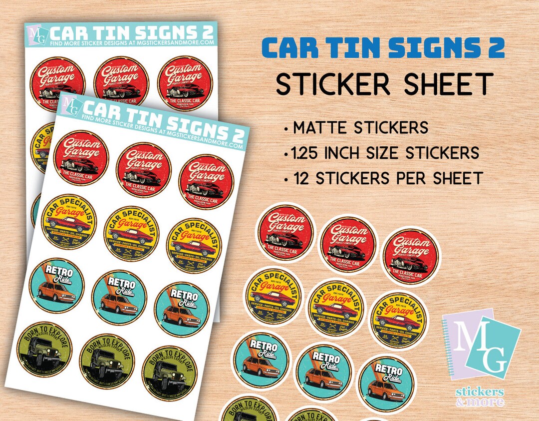 Car Garage Signs Sticker Sheet, Tin Sign, Vintage, Stickers, Color ...