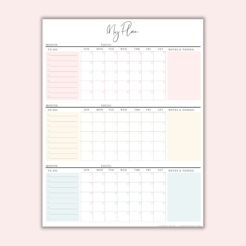 3 Month Calendar, 3 Month Printable Calendar, 90 Day Plan, Instant ...