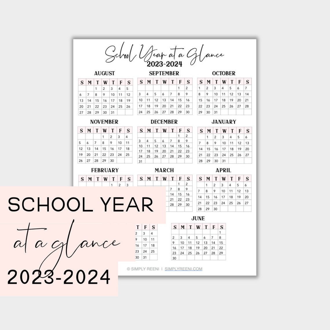 School Year at a Glance Calendar 2023-2024, Year at a Glance, Printable ...