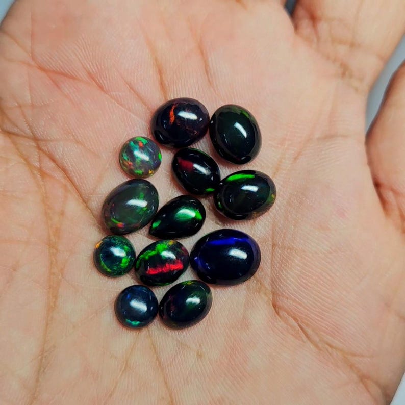 12 Pcs Ethiopian Black Opal Cabochon, Oval/ Round Cut Loose Stone ( 6 ...
