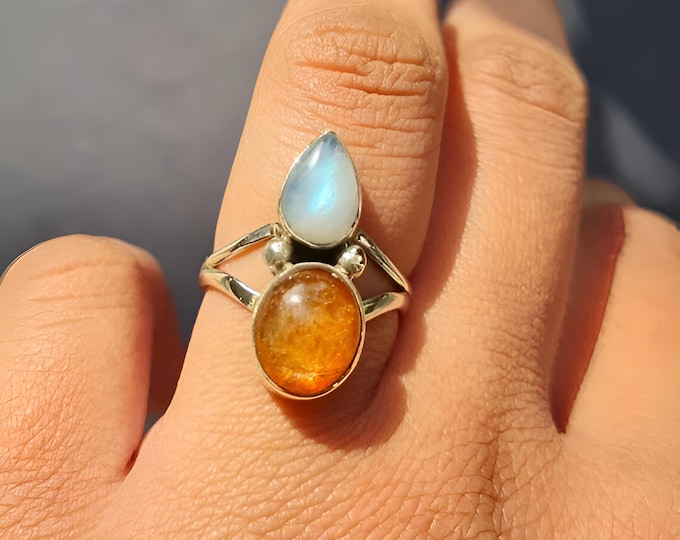 Sunstone and Moonstone Wedding Band Set, Silver Tungsten Ring With ...