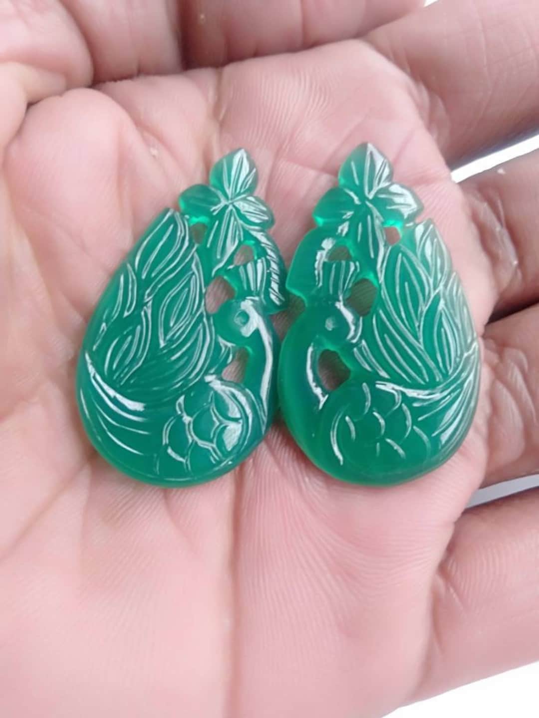 Ruby GREEN ONYX Peacock Carving Gemstone Beads Natural Onyx Gemstone ...