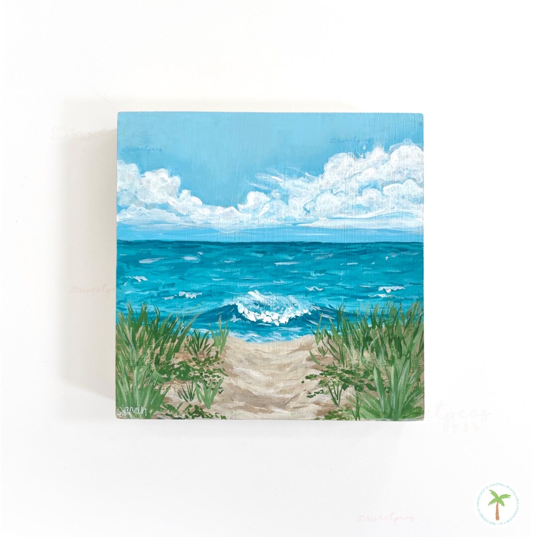 Beach Path Painting: Coastal Ocean View, Acrylic Gouache on Wood (5x5 ...