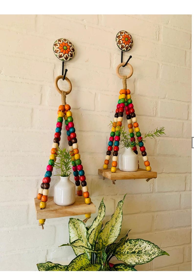 Colorful Beaded Mini Shelf With Mini White Bottle With Ceramic Hooks ...