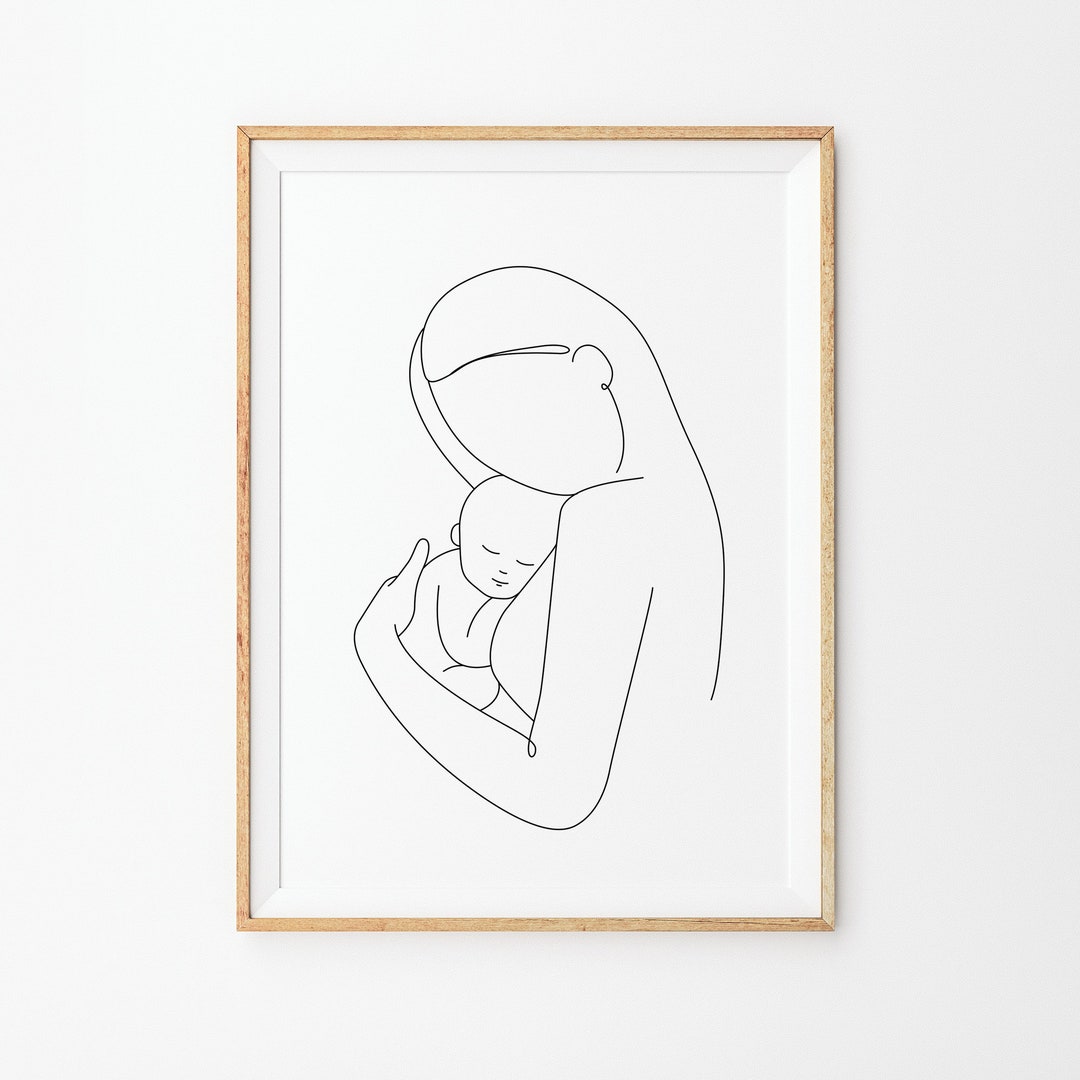 Mother Holding a Baby Print, Mother and Baby Wall Line Art, Printable ...