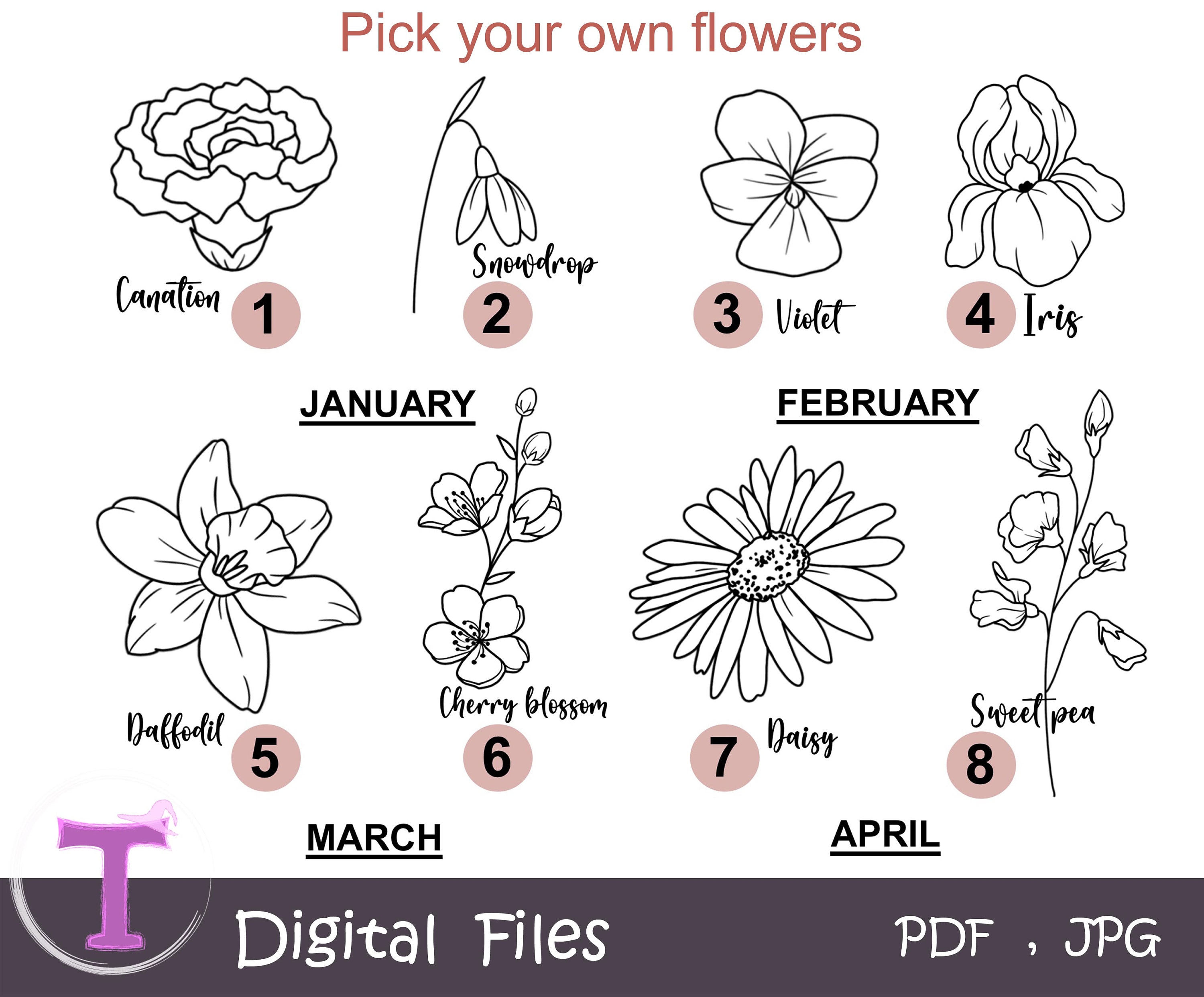 Custom Birth Flower Bouquet, Minimal Birth Month Flower, Family Birth ...