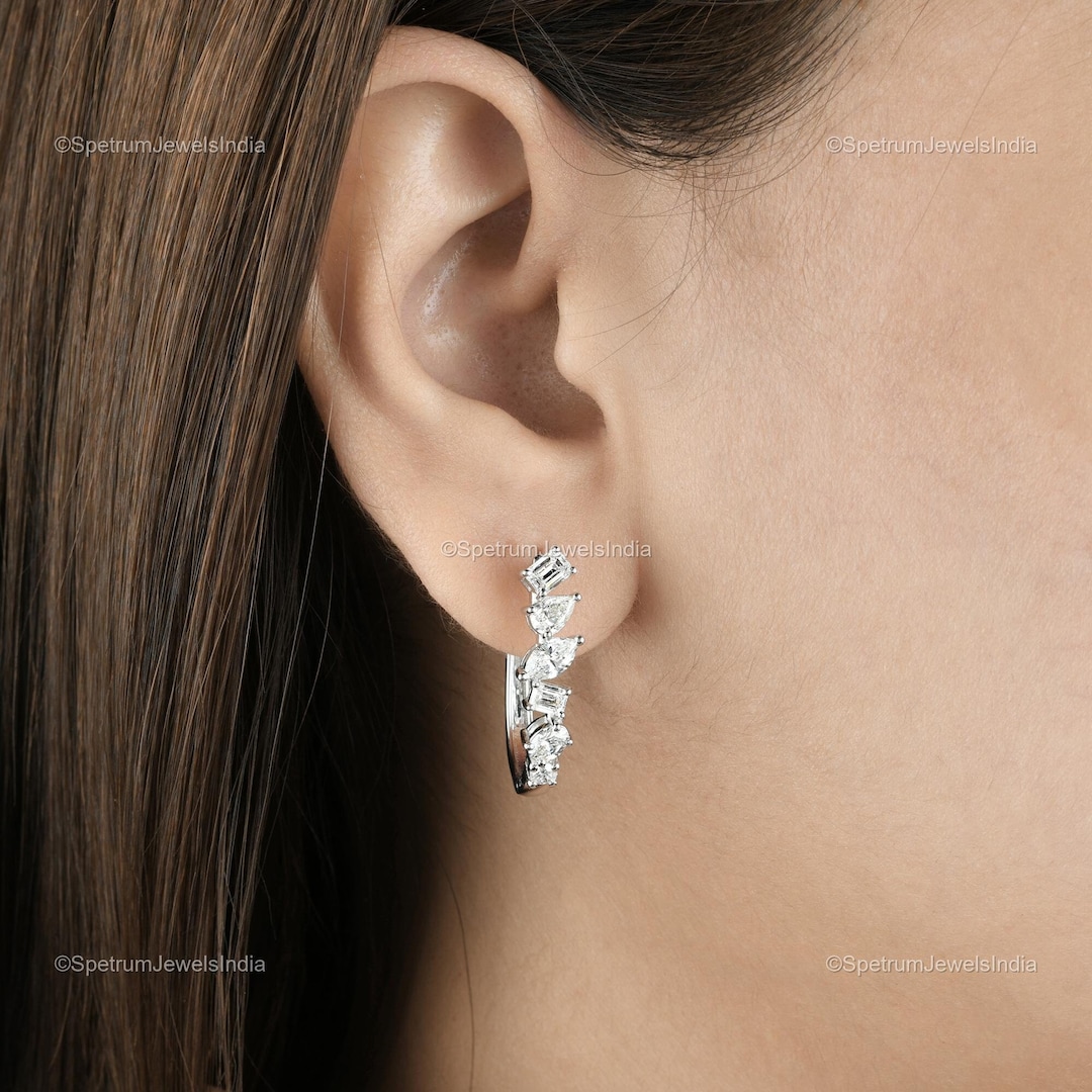 Natural Mix Shape Diamond Hoop Earrings, 18K White Gold Hoop, Classic ...