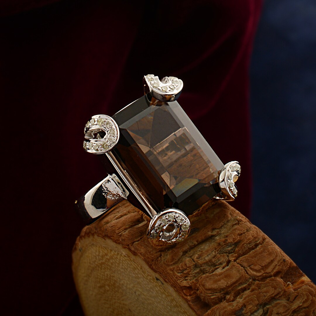 Emerald Cut Smoky Topaz Gemstone Ring / Minimalist Diamond Ring / 18k ...