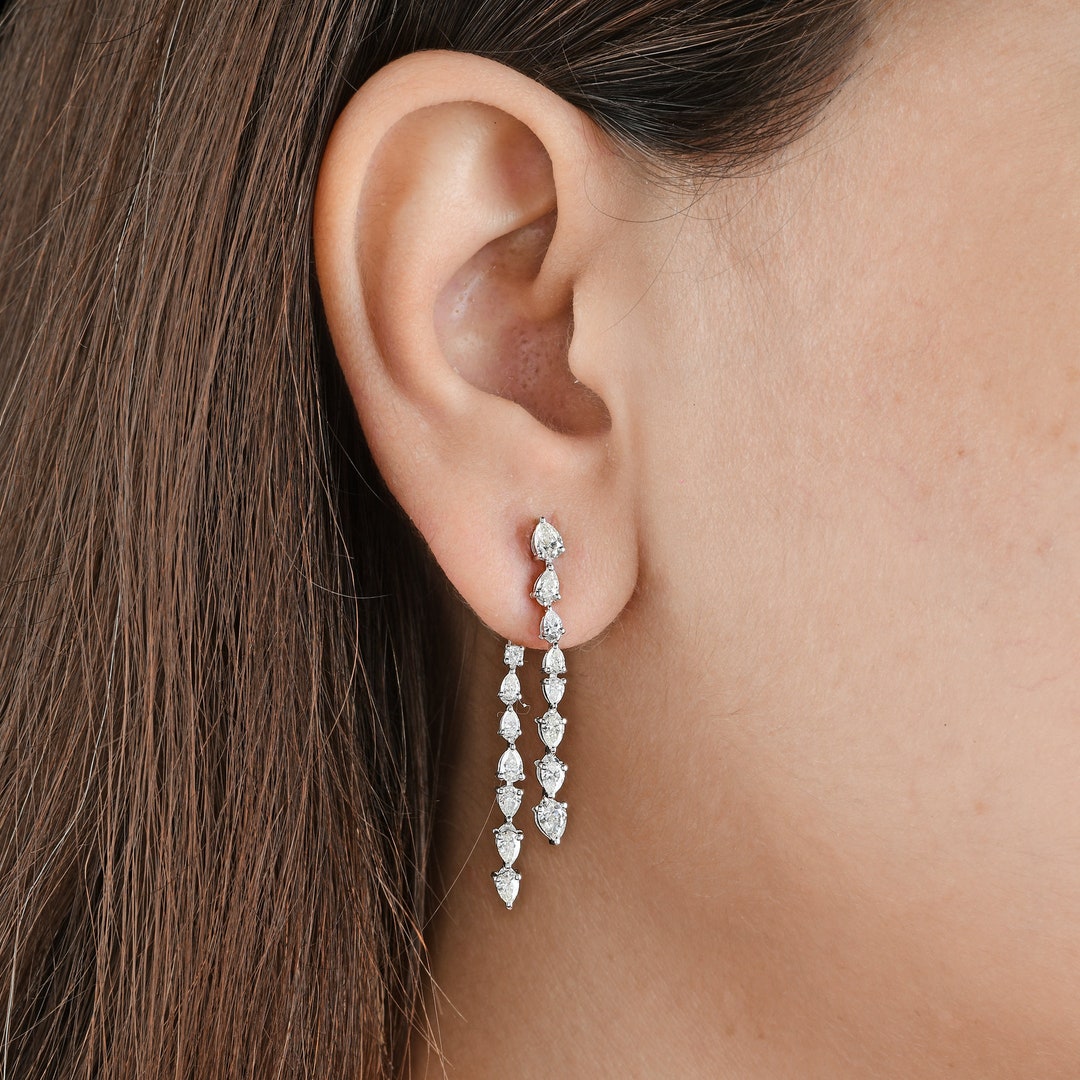 Pear Cut Diamond Ear Jackets / 18k Gold Diamond Dangle Drop Earrings ...
