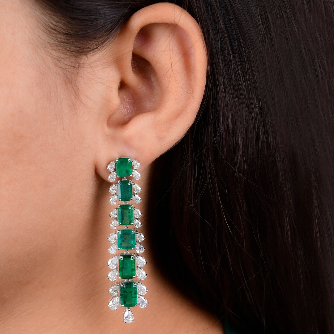 Natural Emerald & Diamond Long Earrings, 18K Gold Emerald Gemstone ...