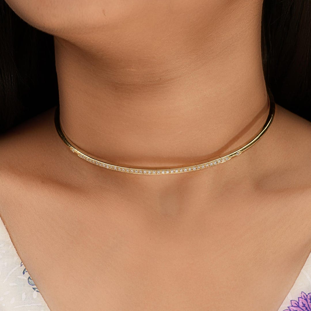 1.2ct Pave Diamond Collar Necklace, 18K Yellow Gold Women Wedding ...