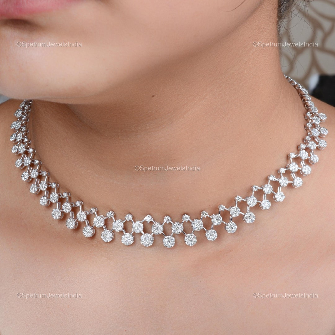 Diamond Chain Necklace for Her, 18k White Gold Zig Zag Necklace Jewelry ...