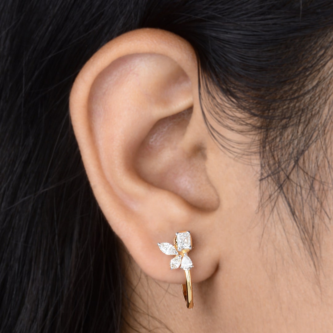 Gold Diamond Earrings, Mix Shape Diamond Huggie Earrings, 18k Yellow ...