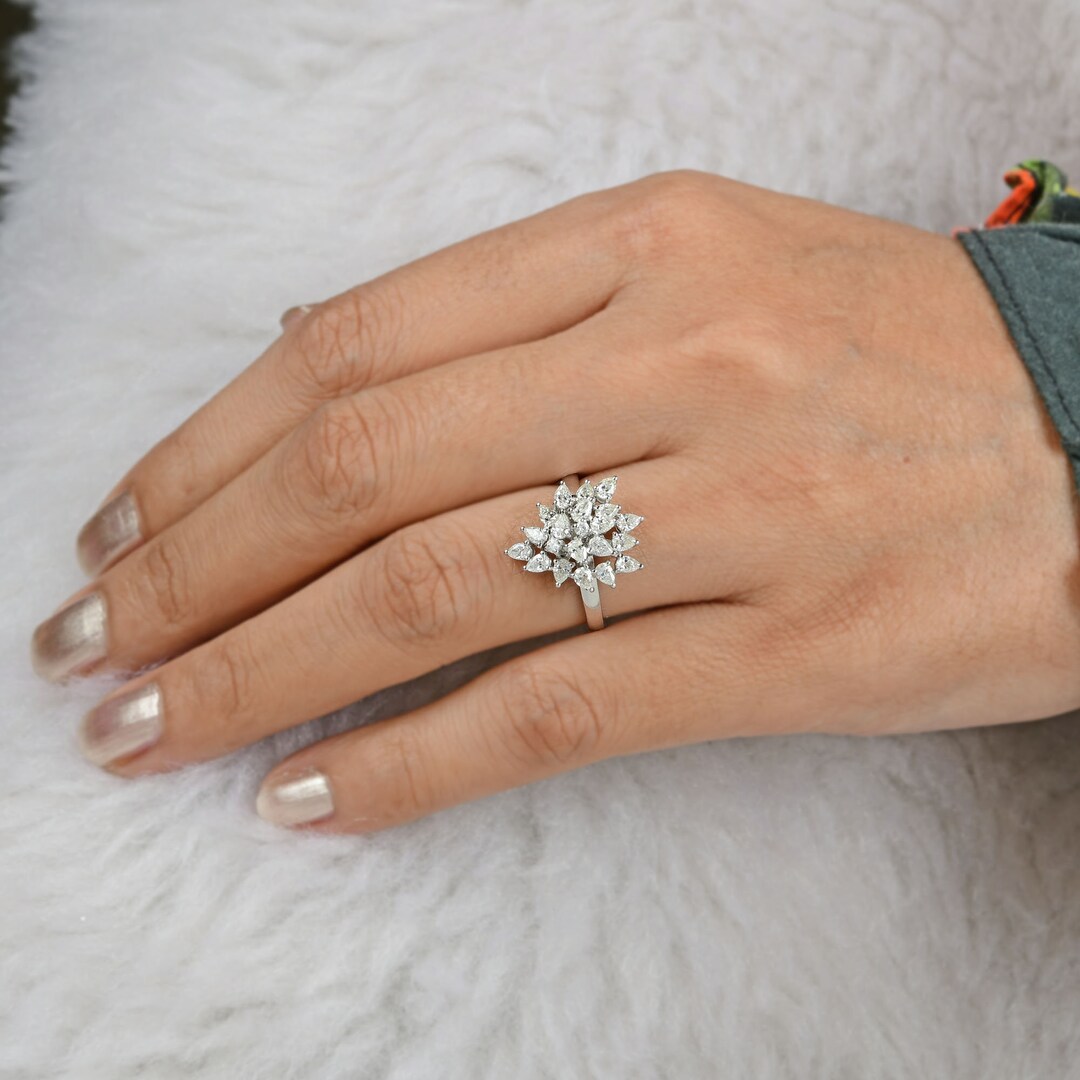 Diamond Gold Ring / Round & Pear Cut Diamond Wedding Ring / 18k White ...