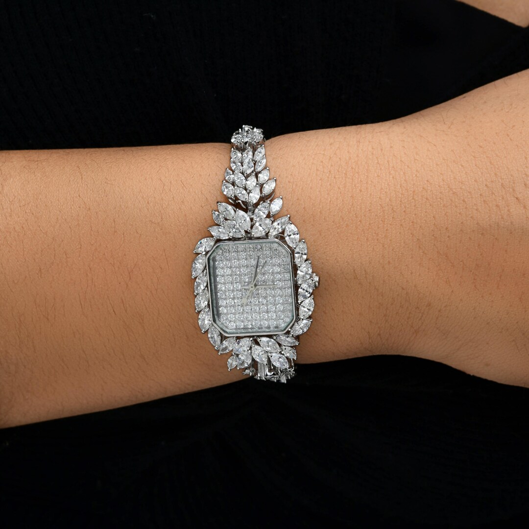 13.74 Ct Natural SI/H Diamond Wrist Watch| 18k Solid White Gold Watch ...