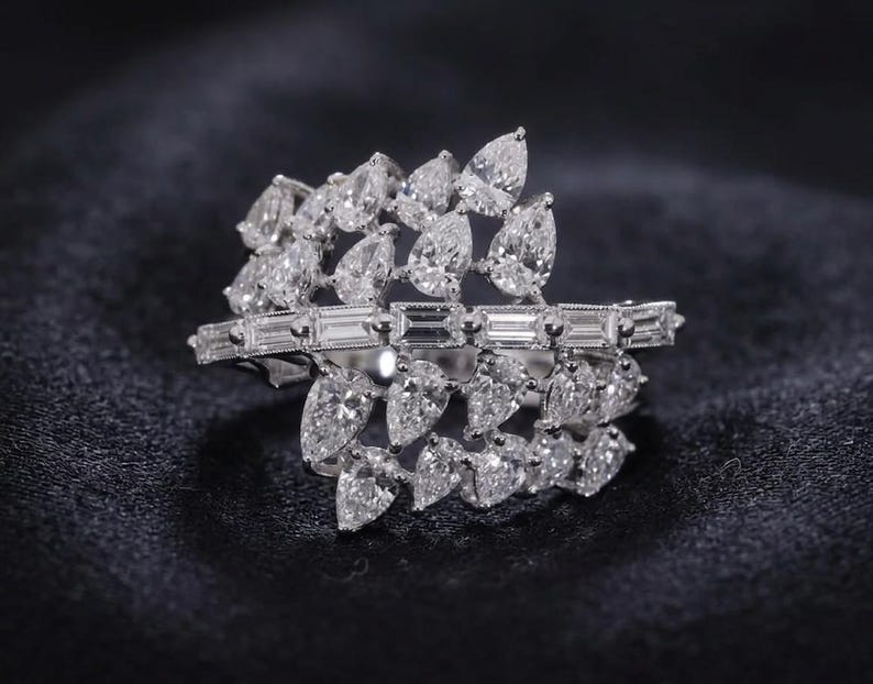 18k Solid Gold Pear & Emerald Cut Diamond Anniversary Ring - Etsy UK