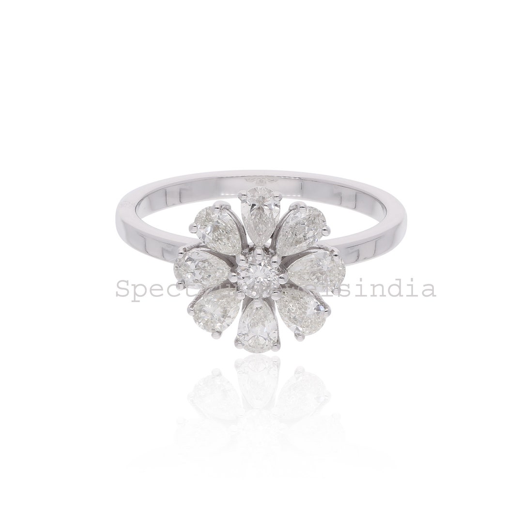 Designer Flower Diamond Ring, 18K White Gold Cluster Ring, Engagement ...