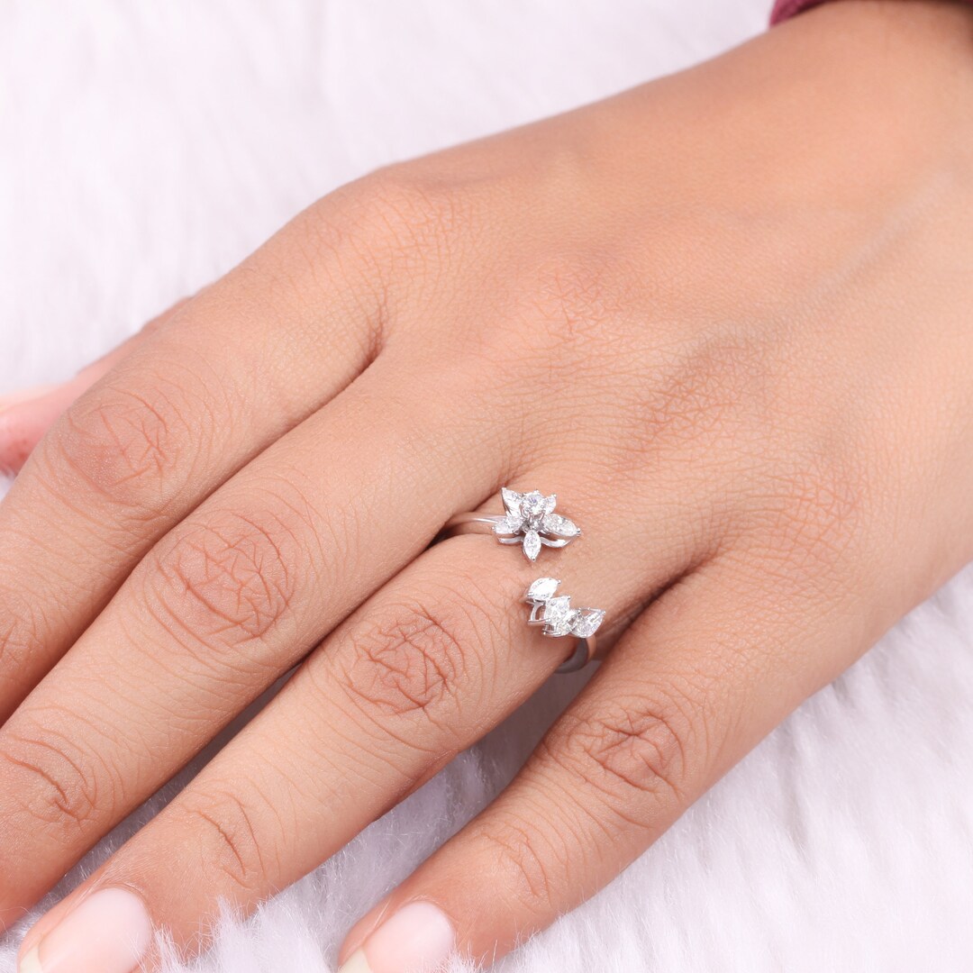 Open Cuff Diamond Ring, Diamond Flower Ring With 18k White Gold ...