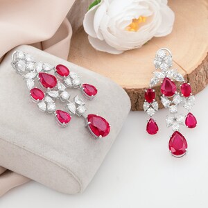 18K Gold Diamond Earrings / White Gold Chandelier Earrings / Synthetic ...