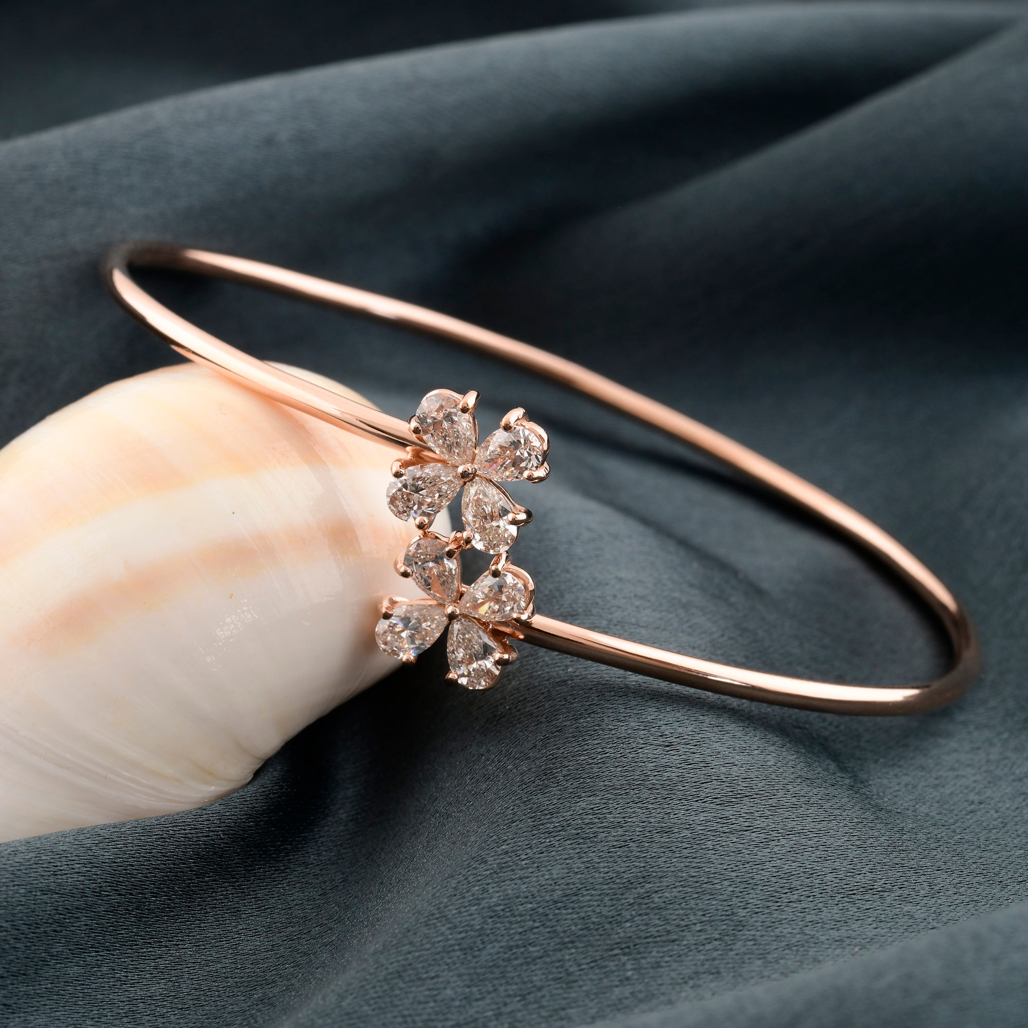 18K Rose Gold Diamond Bracelet, Daisy Flower Bracelet, Solid Gold ...