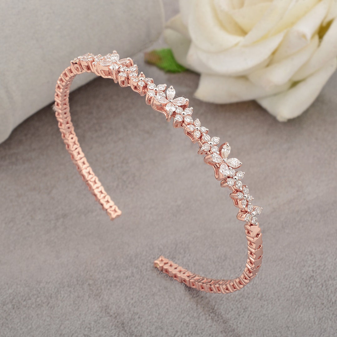18k/14k Solid Rose Gold Diamond Bangle, Open Cuff Floral Bangle ...