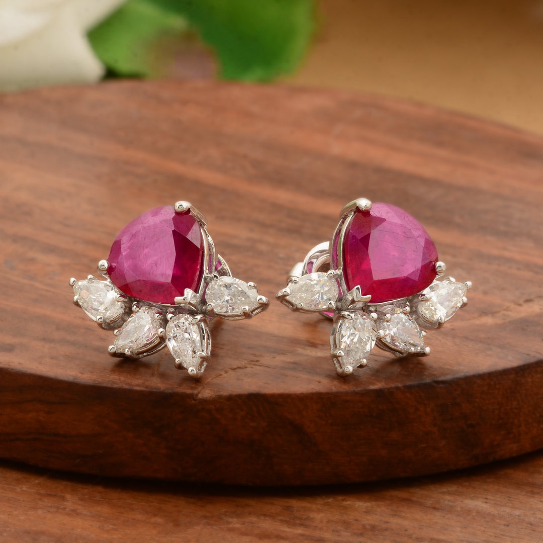 18k White Gold Ruby Earrings for Women, Natural Diamond Stud Earrings ...