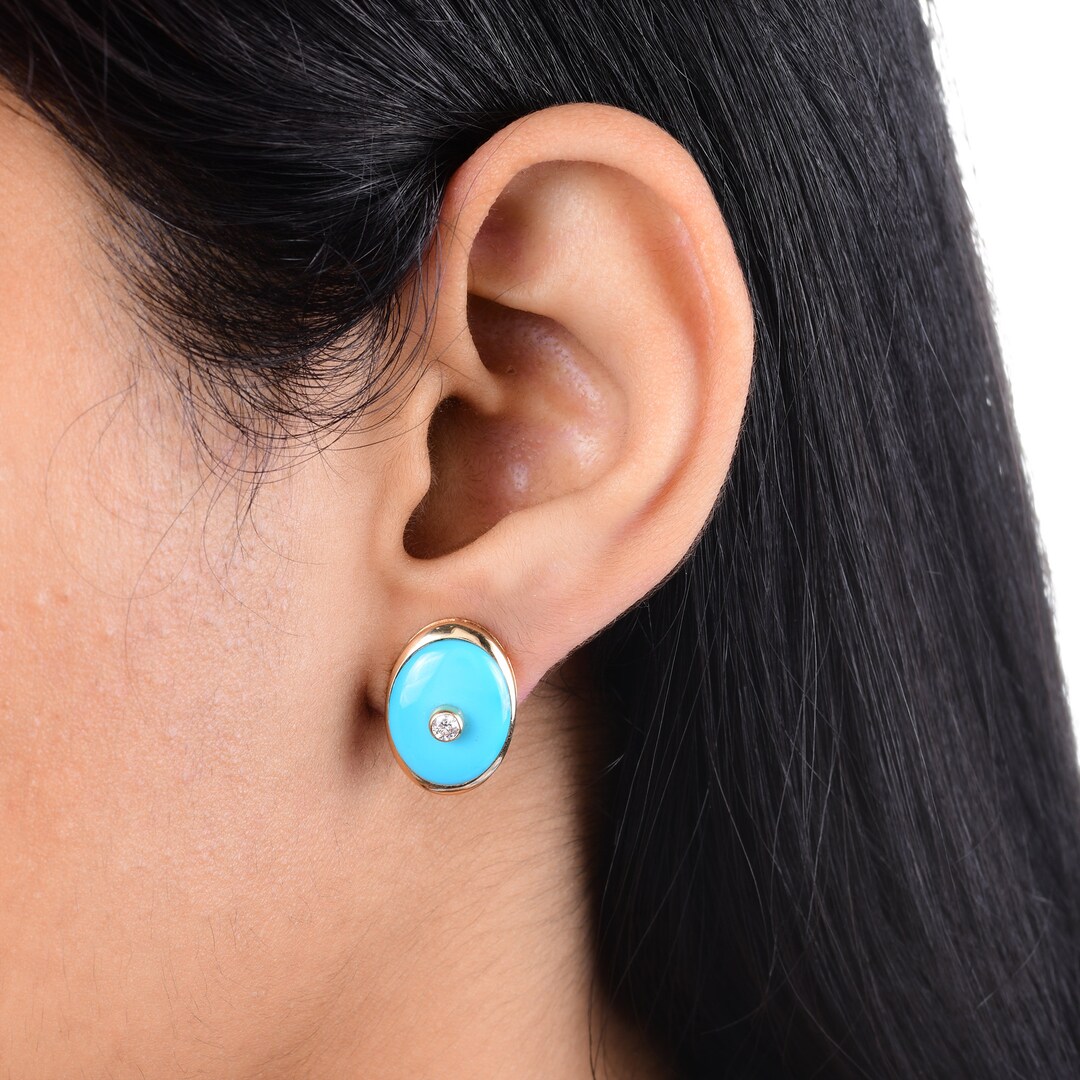 18k Yellow Gold Oval Stud Earrings / Natural Arizona Turquoise Gemstone Earrings / Gold Diamond ...