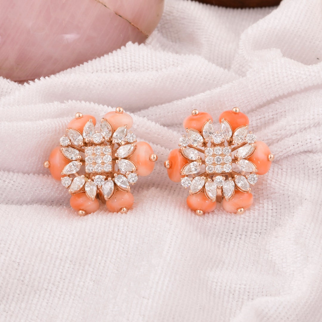 Rose Gold Diamond Earrings / Coral Beads Earrings / 18k Rose Gold ...