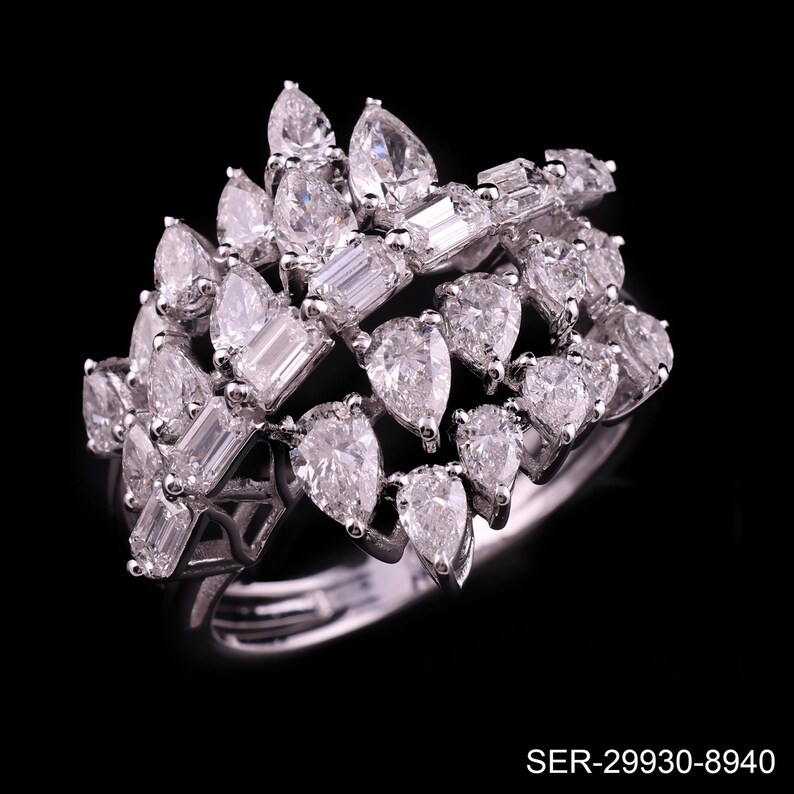 18k Solid Gold Pear & Emerald Cut Diamond Anniversary Ring - Etsy UK
