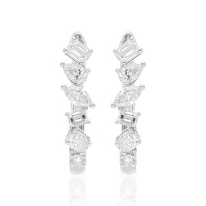 Natural Mix Shape Diamond Hoop Earrings, 18K White Gold Hoop, Classic ...