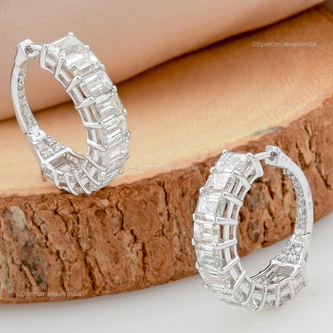 18k White Gold Diamond Earrings for Women, Natural Hoop Earrings for ...