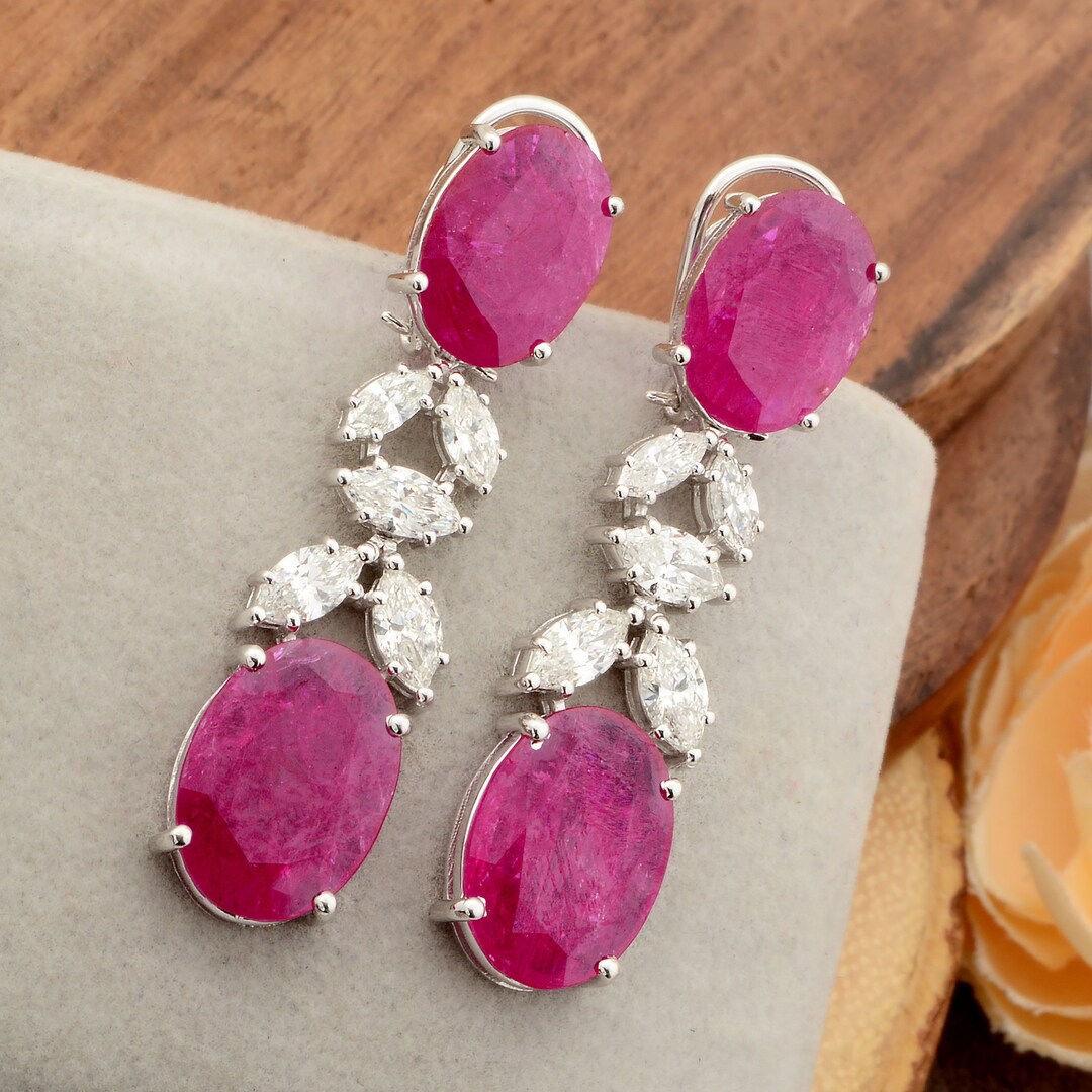 Natural Brilliant Cut Ruby Diamond Earrings, 18k White Gold Exclusive ...