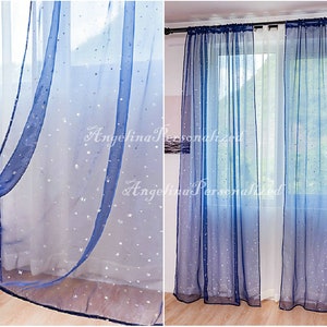 Sapphire Blue Star Chiffon Curtains Rod Pocket Drapes Window Treatmets ...
