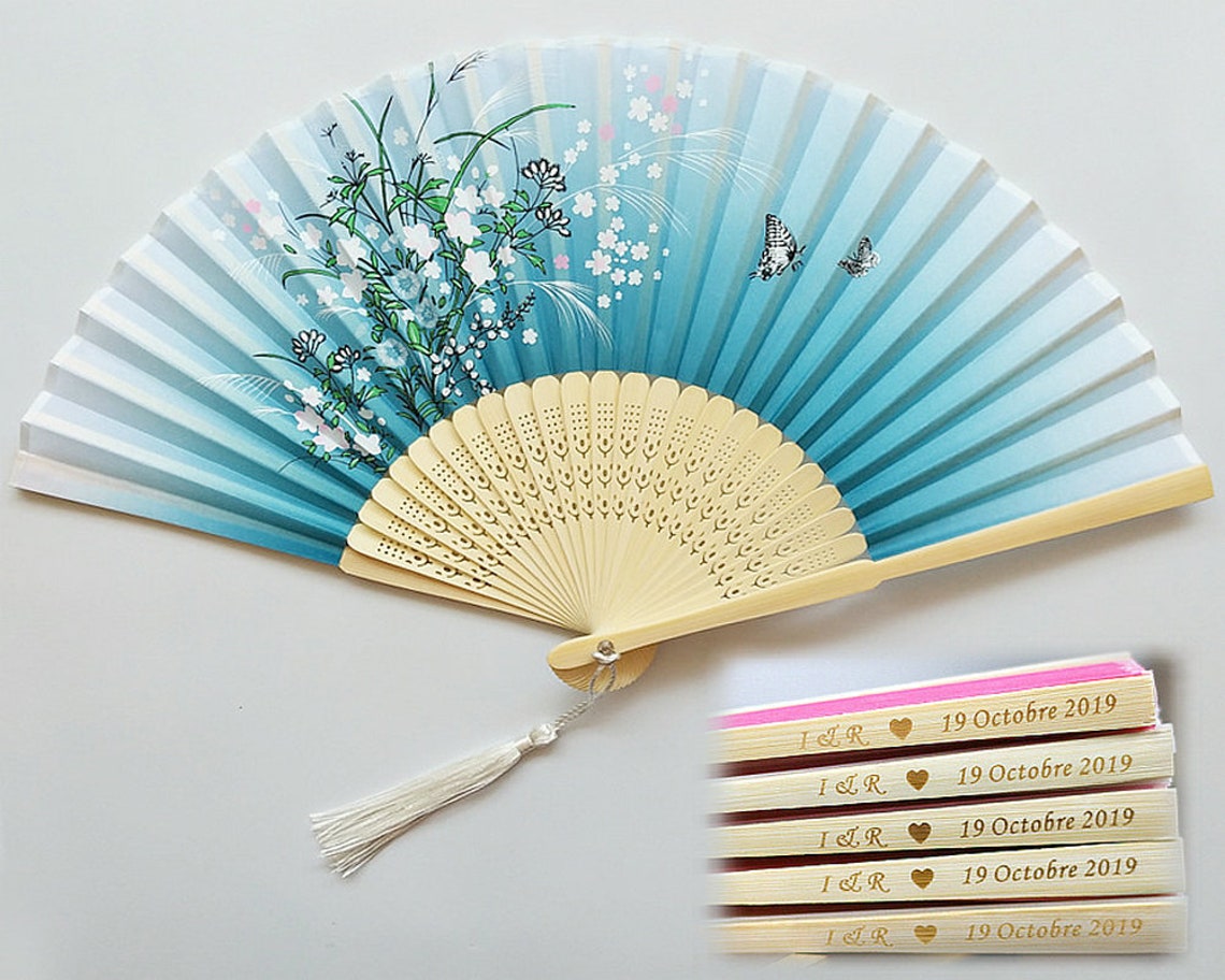 Butterfly Blue Floral Silk Fans With Bamboo Frame Wedding - Etsy