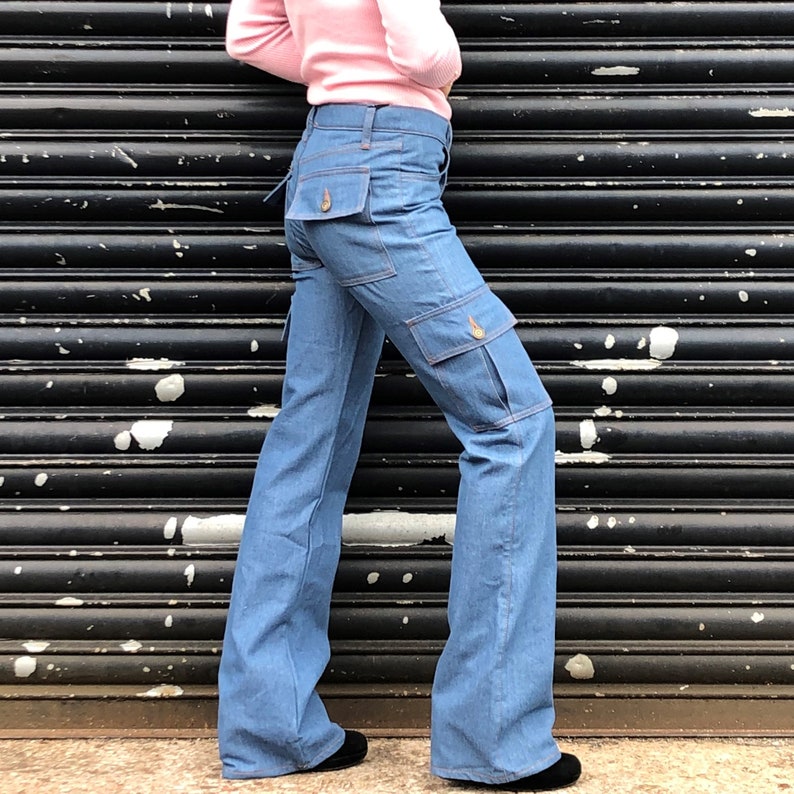 Wide Leg Cargo Jeans Lightweight Denim Combat Pants Blue Made In The U