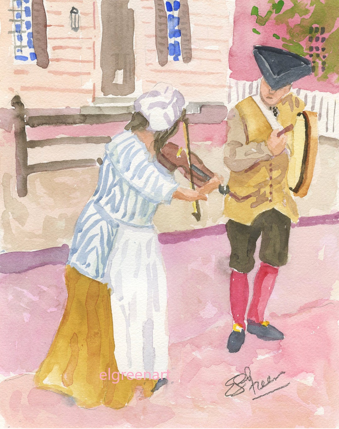 Colonial Williamsburg Original Watercolors-fiddle and Bodhran. Matted ...