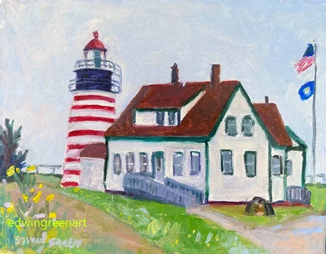 Quoddy Head Lighthouse Oil Painting: Maine Coastal Art, 8x10 Canvas - Etsy