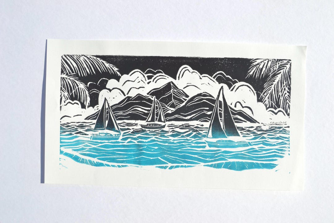 Cocos Island Views, Sailboat Linocut Print, Linocut Artwork, Beach ...