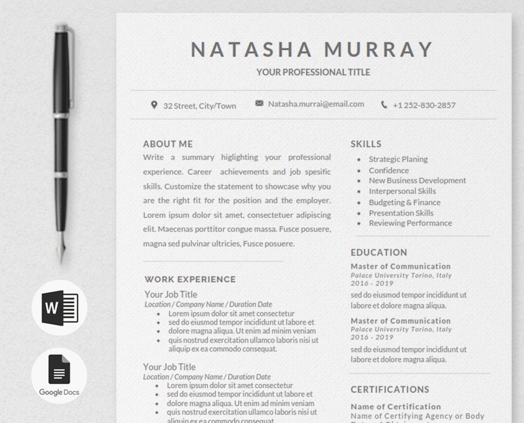 Resume Template Google Docs, Word and Pages Ready : Includes Free ...