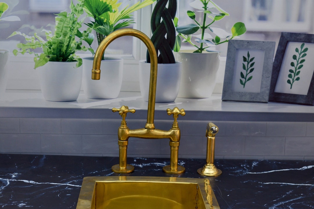 Antique Brass Bridge Kitchen Faucet With Side Sprayer, 8 Inch Bridge ...