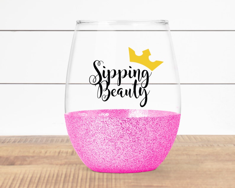 Sipping Beauty Wine Glass- Glitter Wine Glass- Stemless Glitter Dipped ...