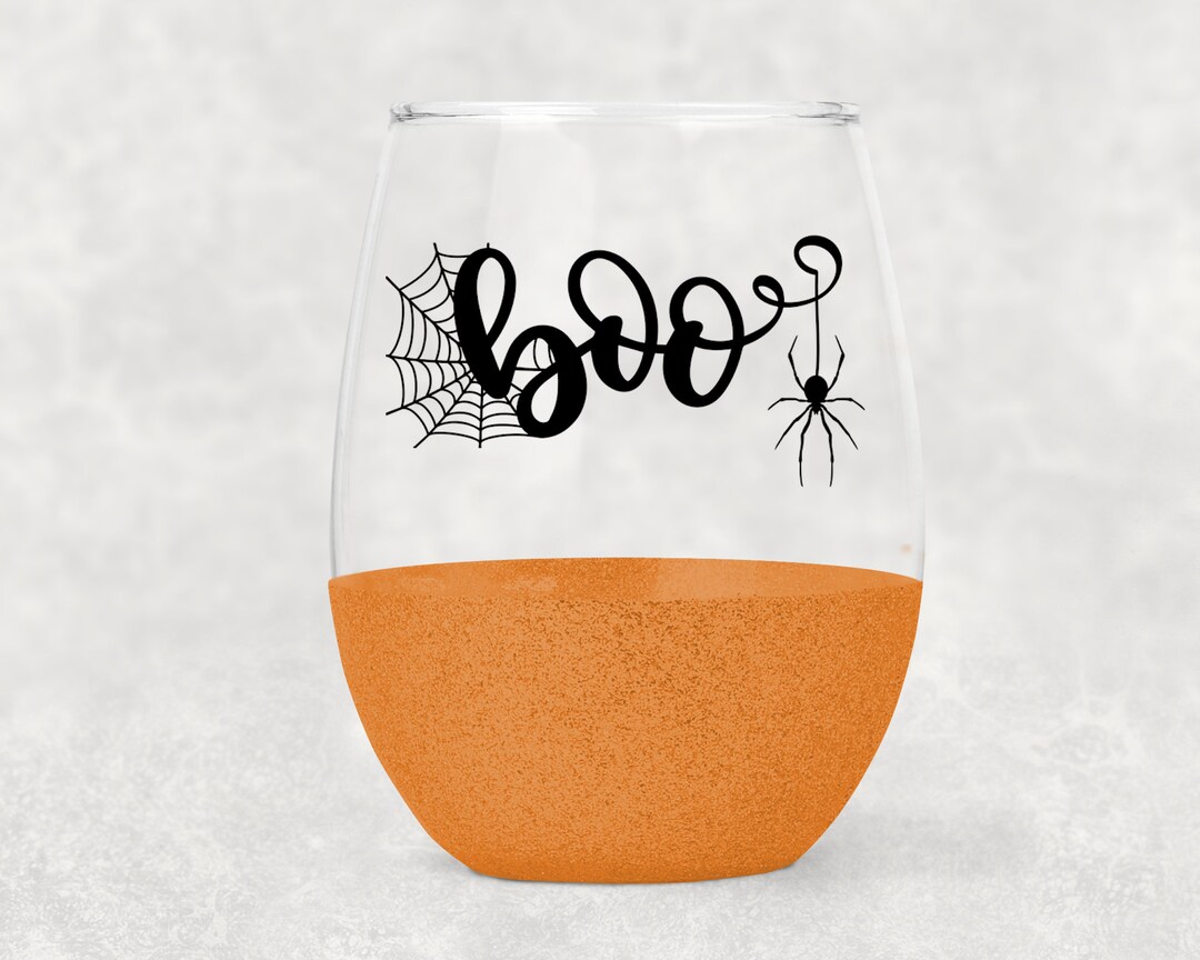 Boo Wine Glass- Halloween Wine Glass- Stemless Glitter Wine Glass- Wine ...