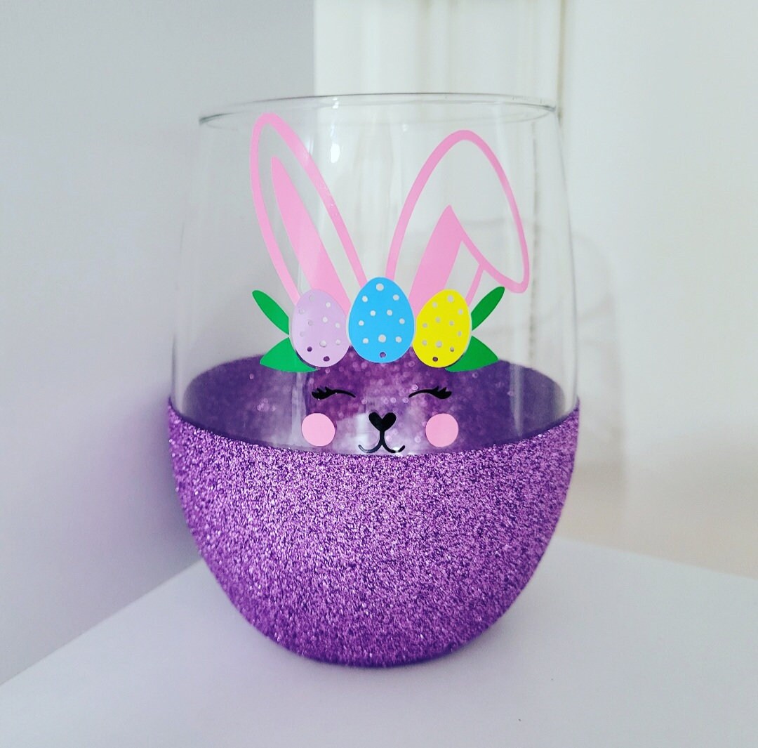 Easter Bunnies Wine Glass- Glitter Wine Glass- Easter Wine Glass ...