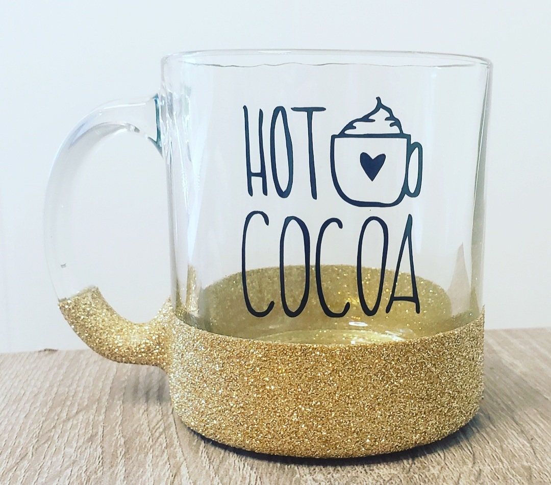 Hot Cocoa Mug- Glass Mug- Coffee Mug- Glitter Mug- Fall Mug- Winter Mug ...